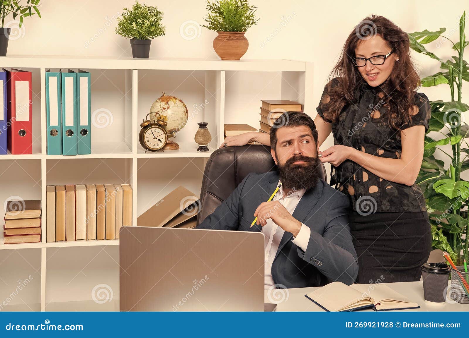 Physical Flirt Secretary Touching Boss By Ear Flirt At Workplace