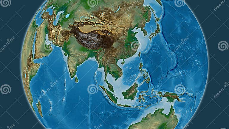 Globe Centered on Laos. Physical Map Stock Illustration - Illustration ...