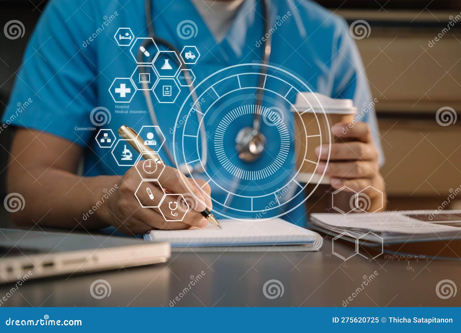 Physician or Practitioner in Room Writing on Blank Notebook and Work on ...