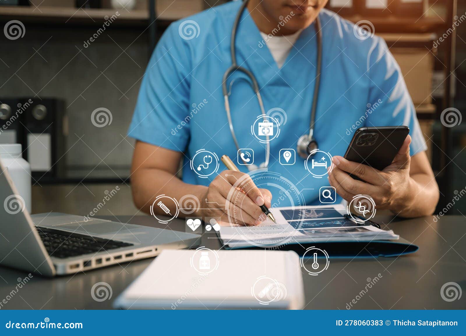 Physician or Practitioner in Room Writing on Blank Notebook and Work on ...