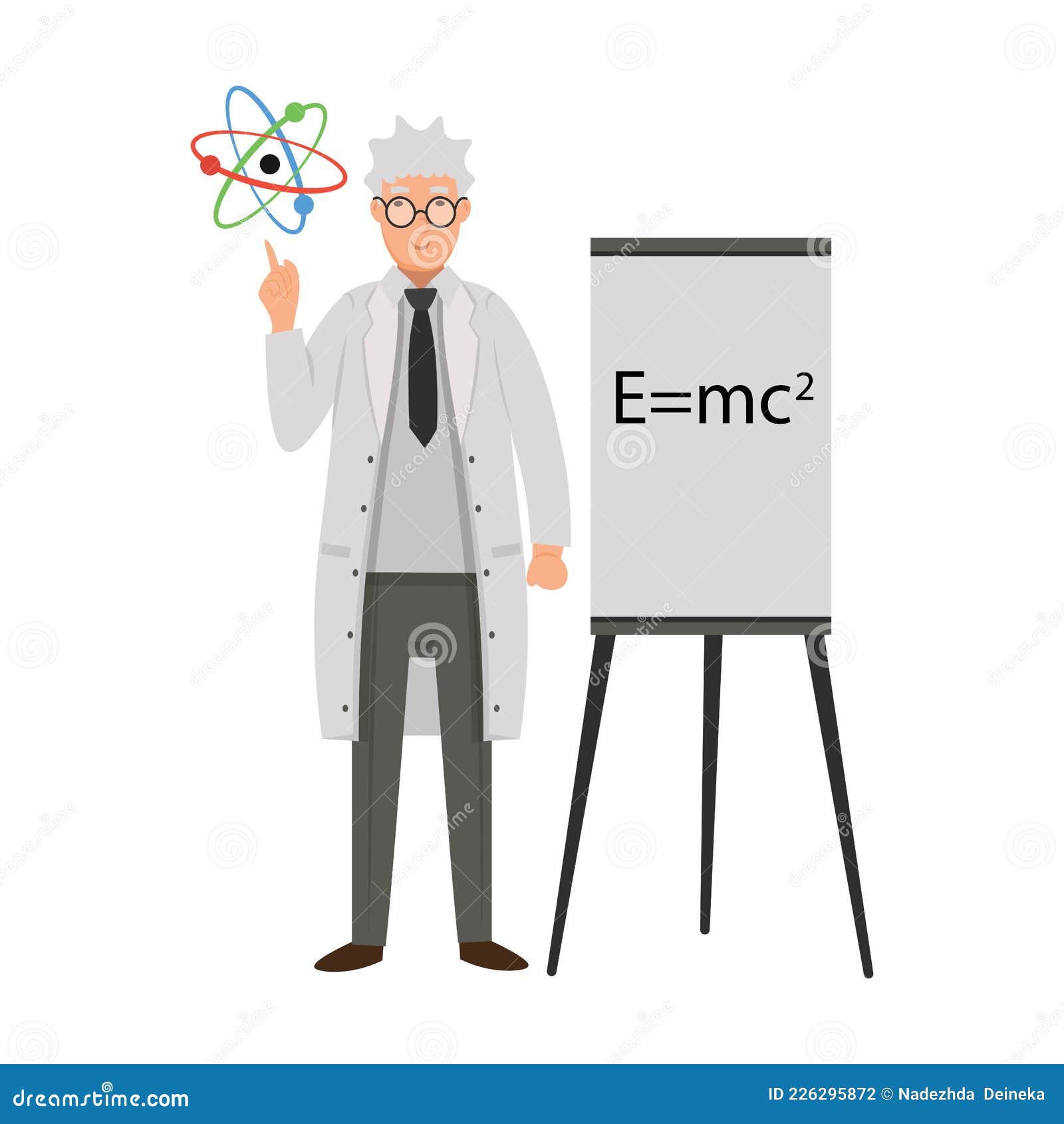 Cartoon Physicist with an Atom and a Blackboard with the Theory of ...