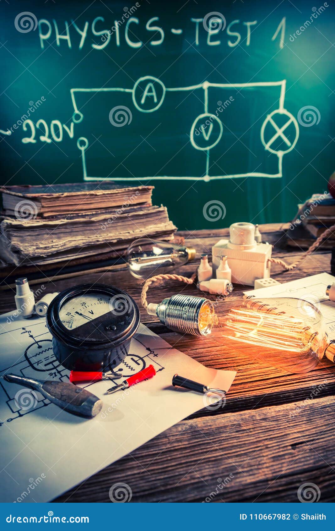 Physics Class Rooms with Edison Light Bulb and Electrical Diagram Stock ...