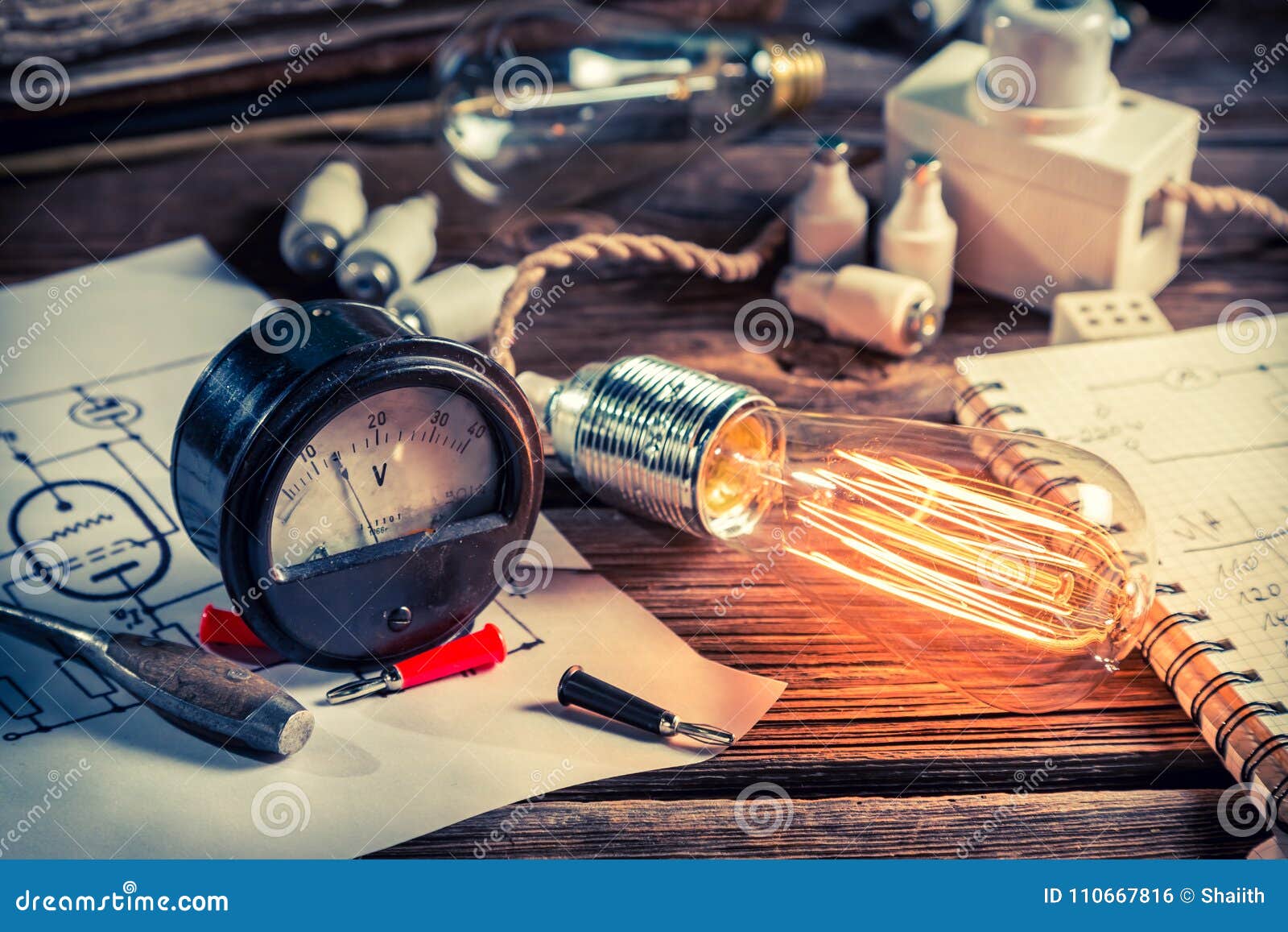 Physics Classroom with Edison Light Bulb and Electrical Diagram Stock ...