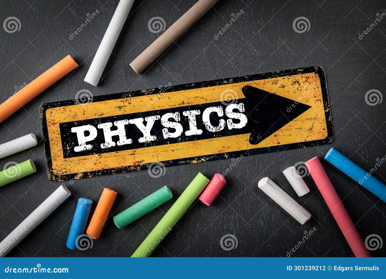 PHYSICS. Direction Arrow with Text on a Dark Chalkboard Background ...