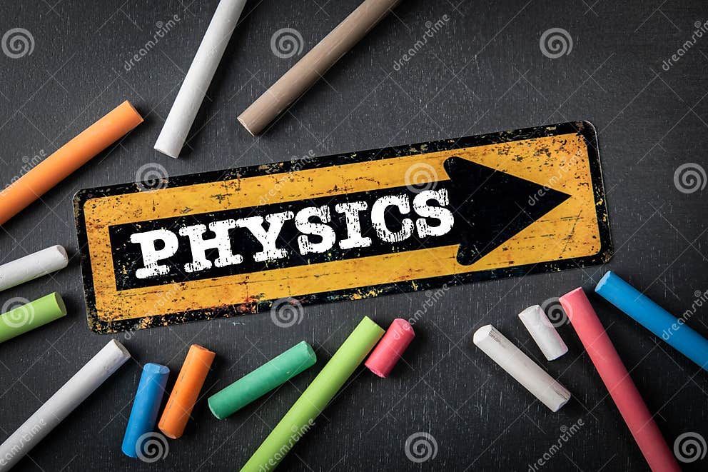 PHYSICS. Direction Arrow with Text on a Dark Chalkboard Background ...