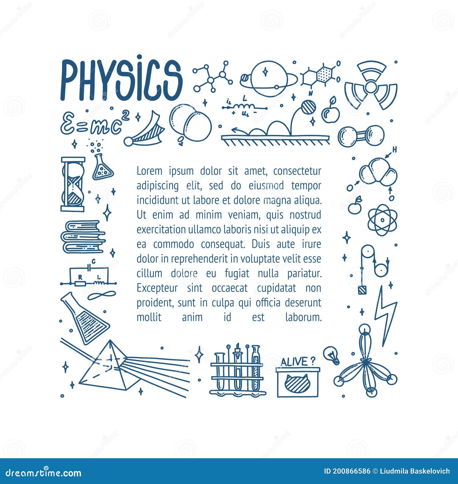 Physics Doodle with Light Prism, Books, Atom and Experiments. Frame ...