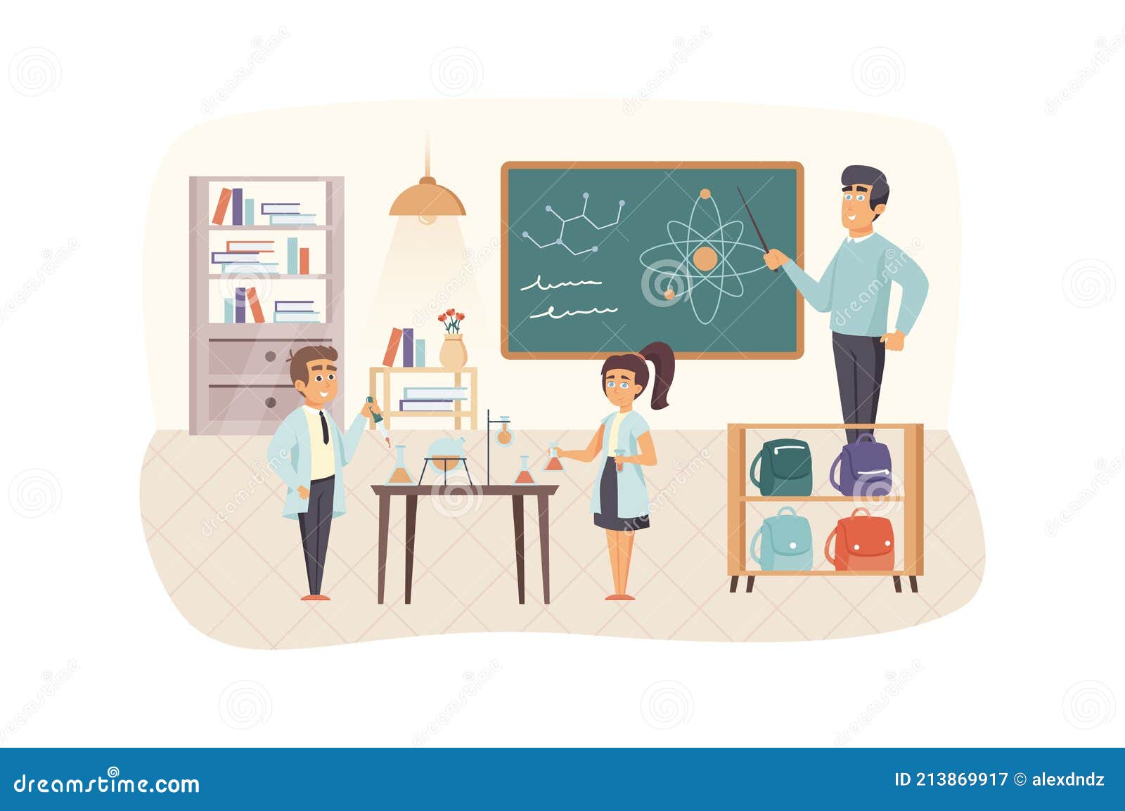 Physics Lesson Scene. Teacher Explains Structure of Atom Stock Vector ...