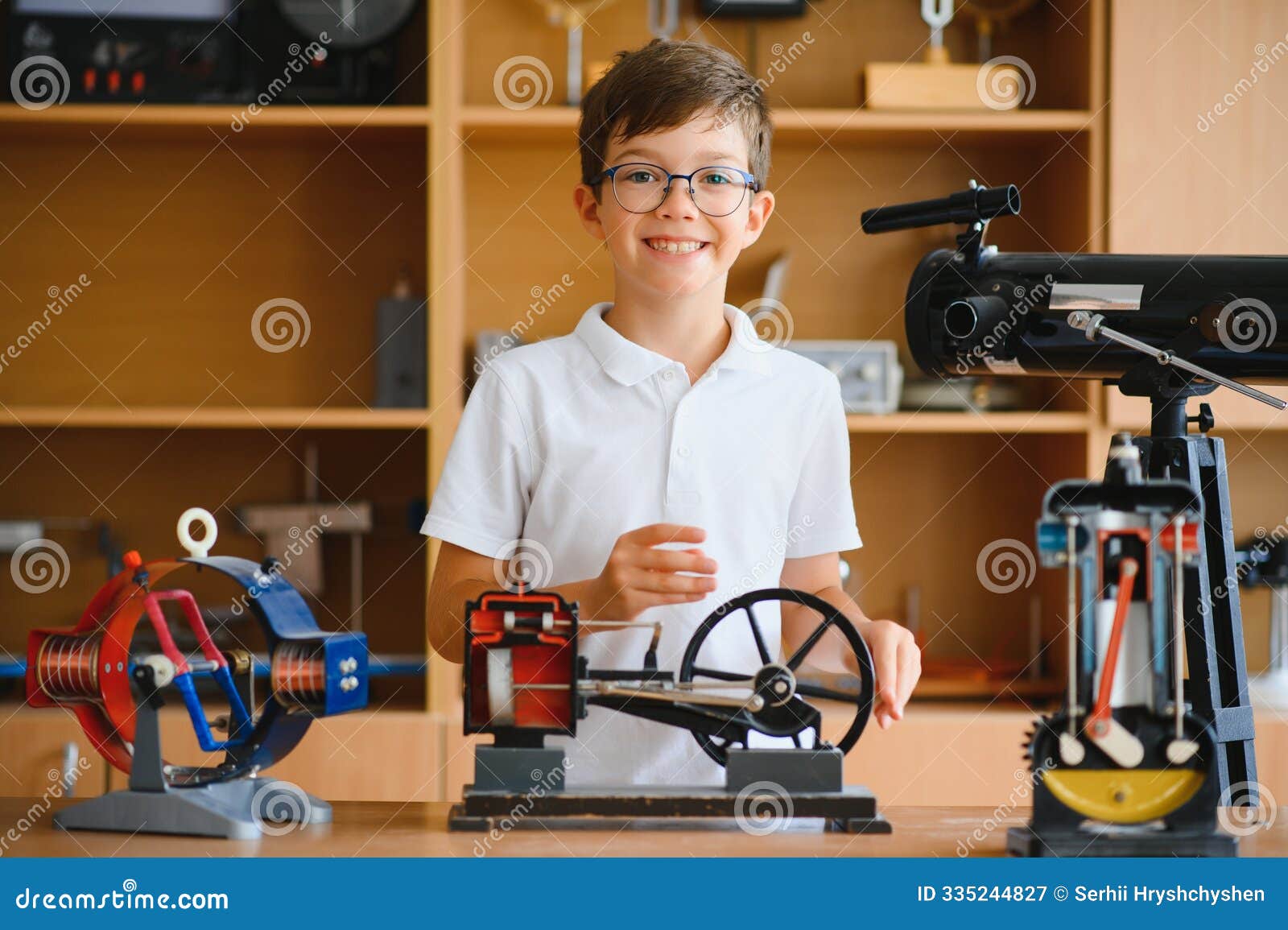 Physics Lesson. a Student at a Desk with Scientific Instruments and a ...