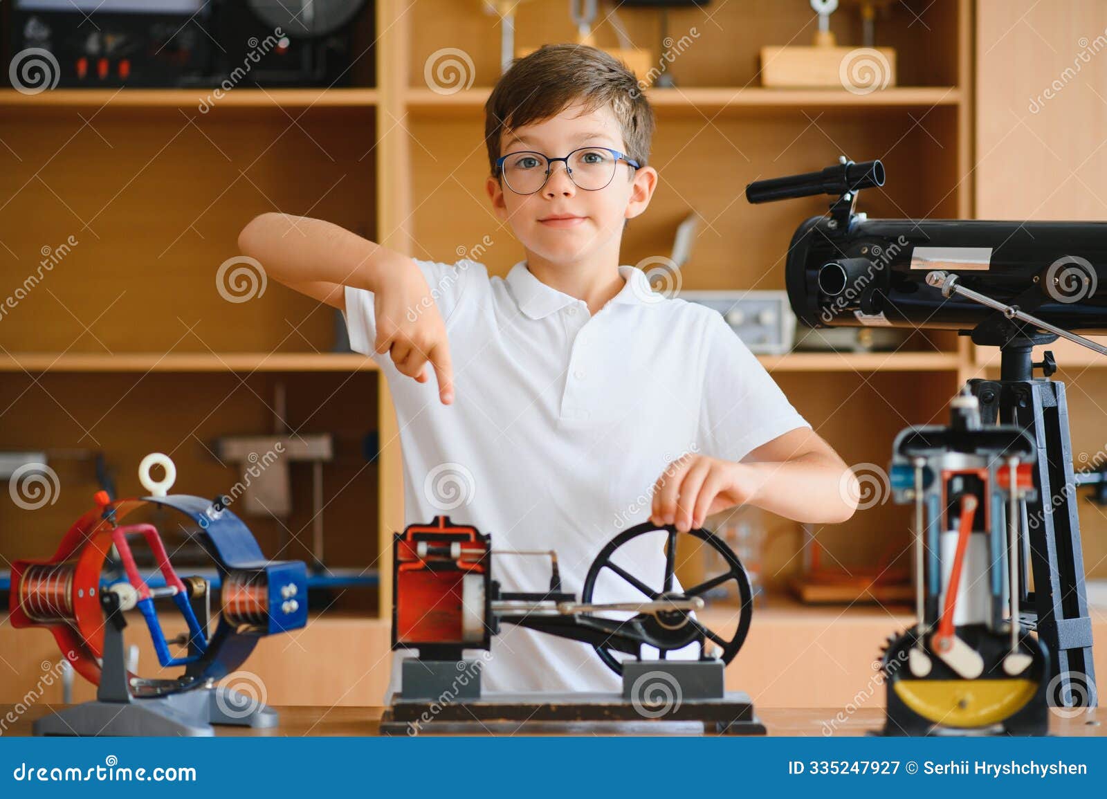 Physics Lesson. a Student at a Desk with Scientific Instruments and a ...