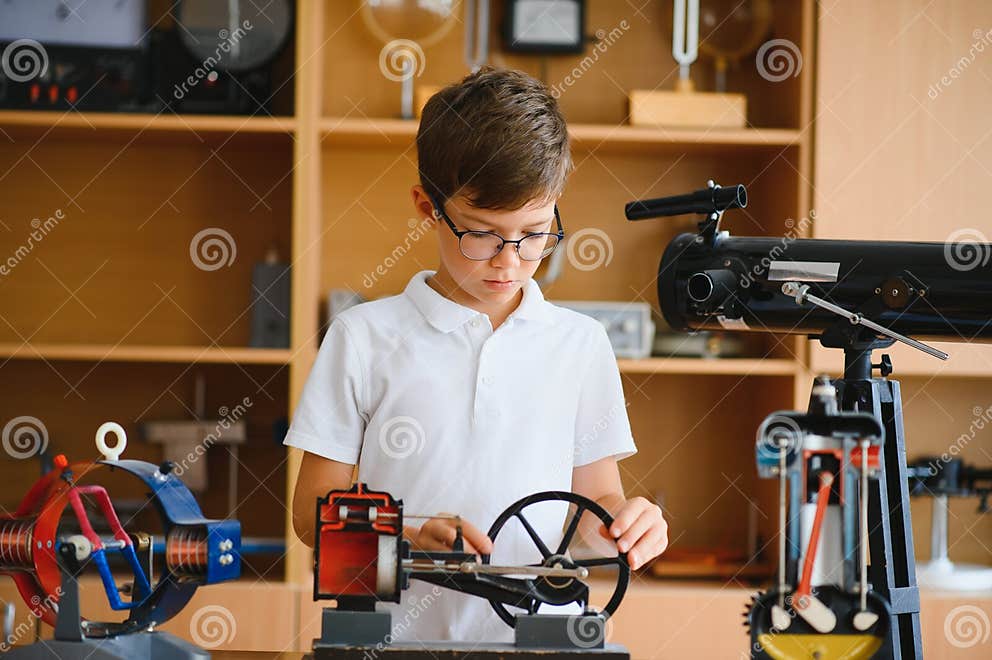 Physics Lesson. a Student at a Desk with Scientific Instruments and a ...