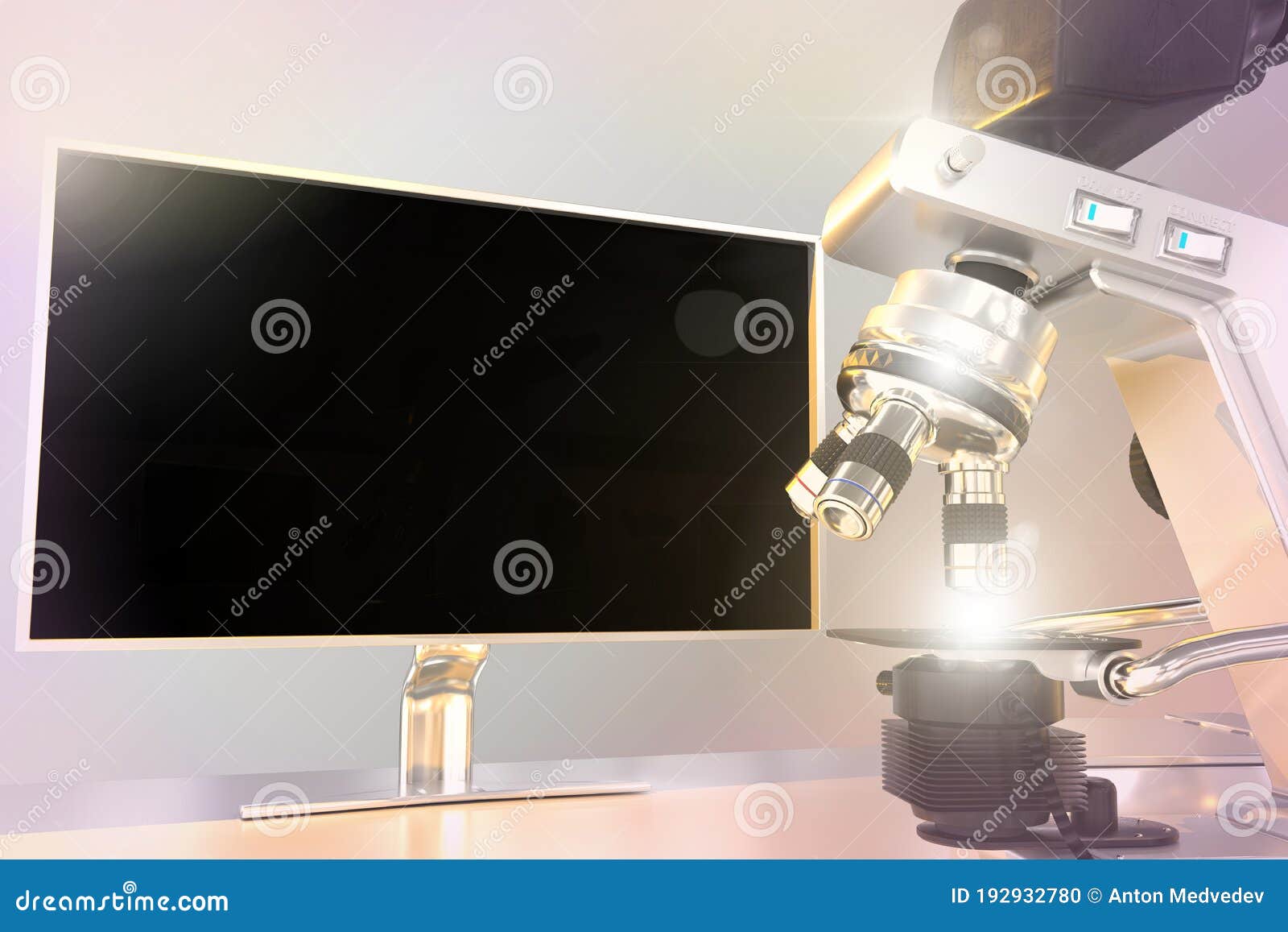 Physics Research Concept, Lab Electronic Microscope and Monitor with ...