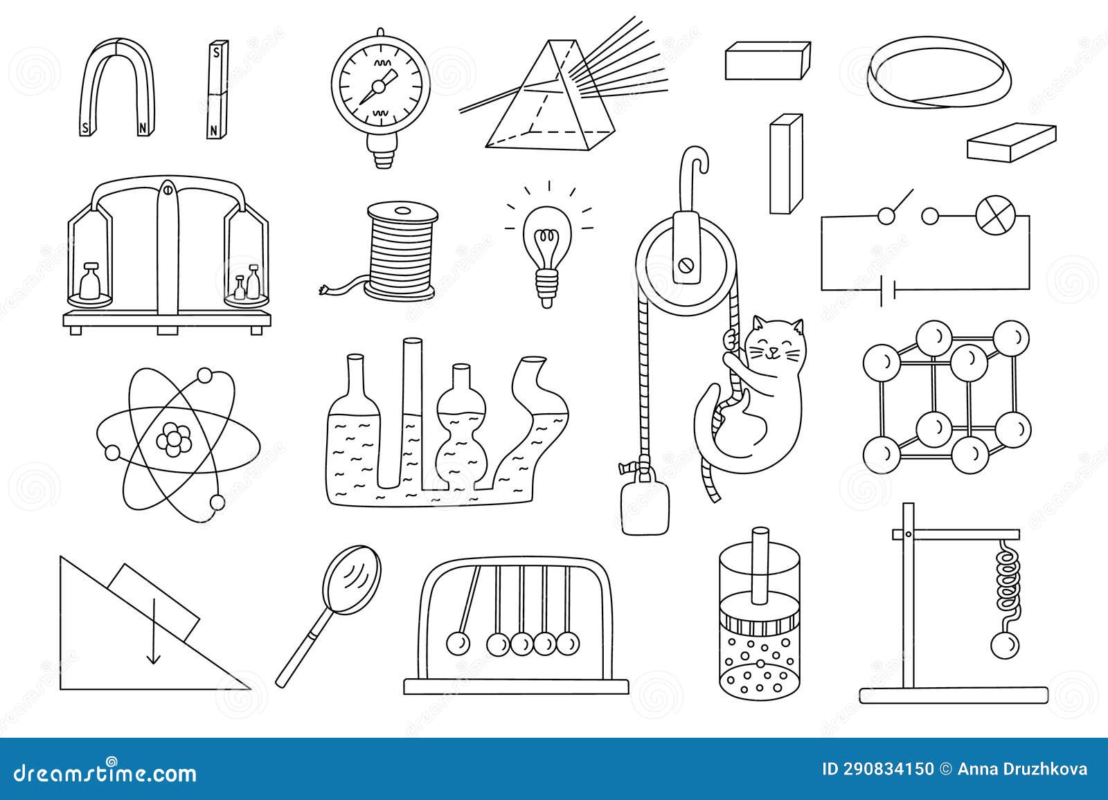 Physics Sciences Set Hand Drawn Doodle Vector Illustration Black ...