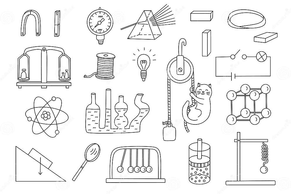 Physics Sciences Set Hand Drawn Doodle Vector Illustration Black ...