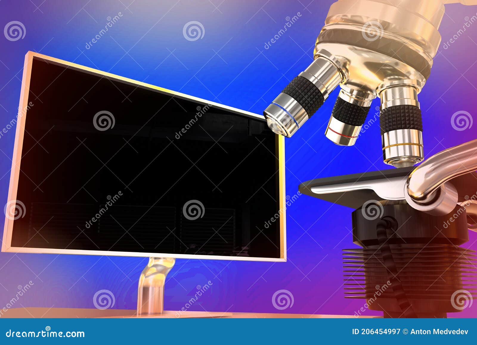 Physics Work Concept, Laboratory Modern Microscope and Monitor with ...