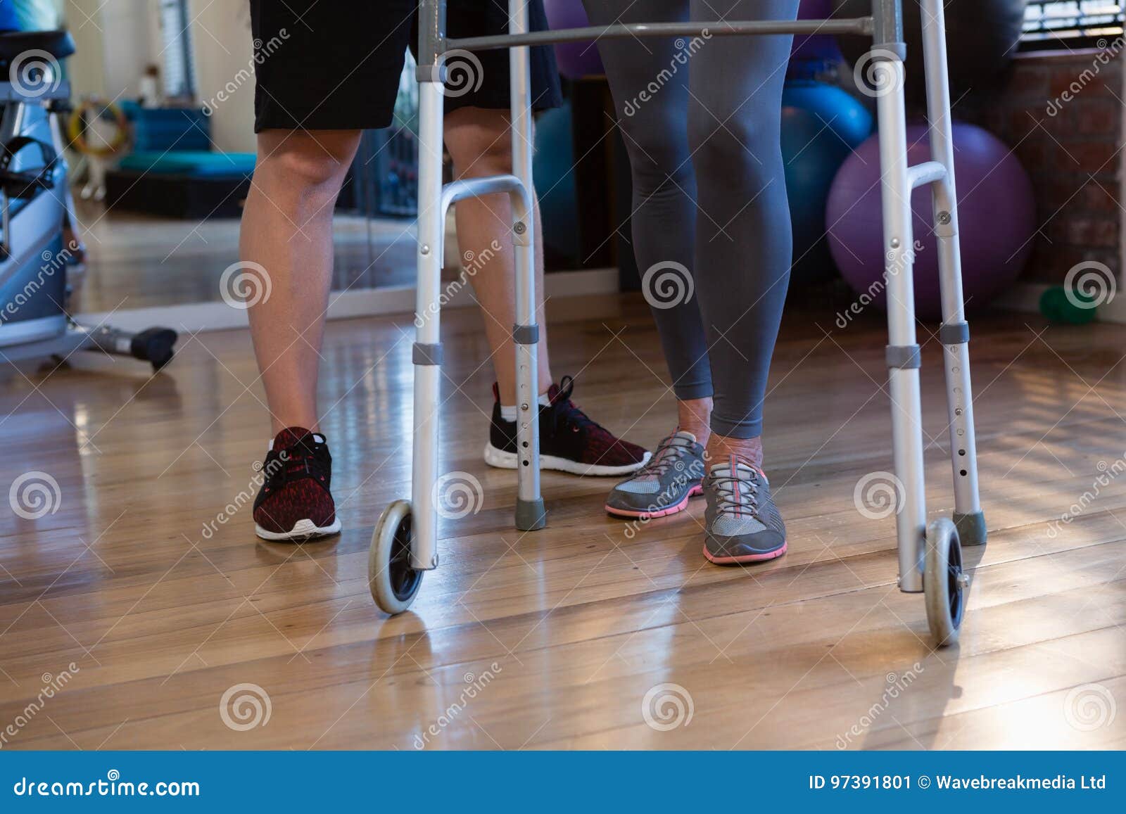 Physiotherapist Helping Patient To Walk with Walking Frame in Clinic ...