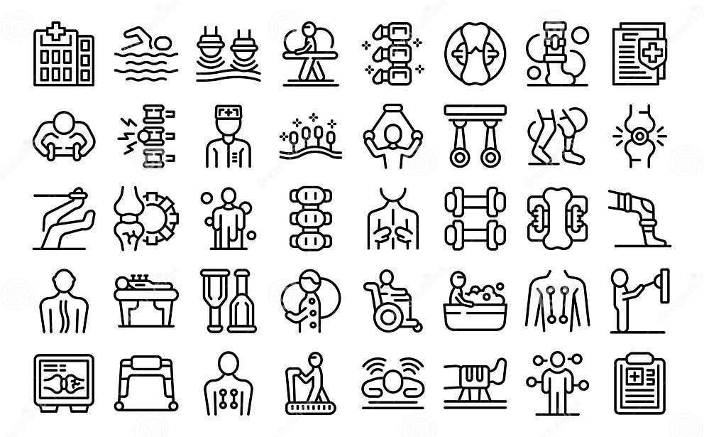 Physiotherapy Icons Set Outline Vector. Treatment Exercise Stock Vector ...
