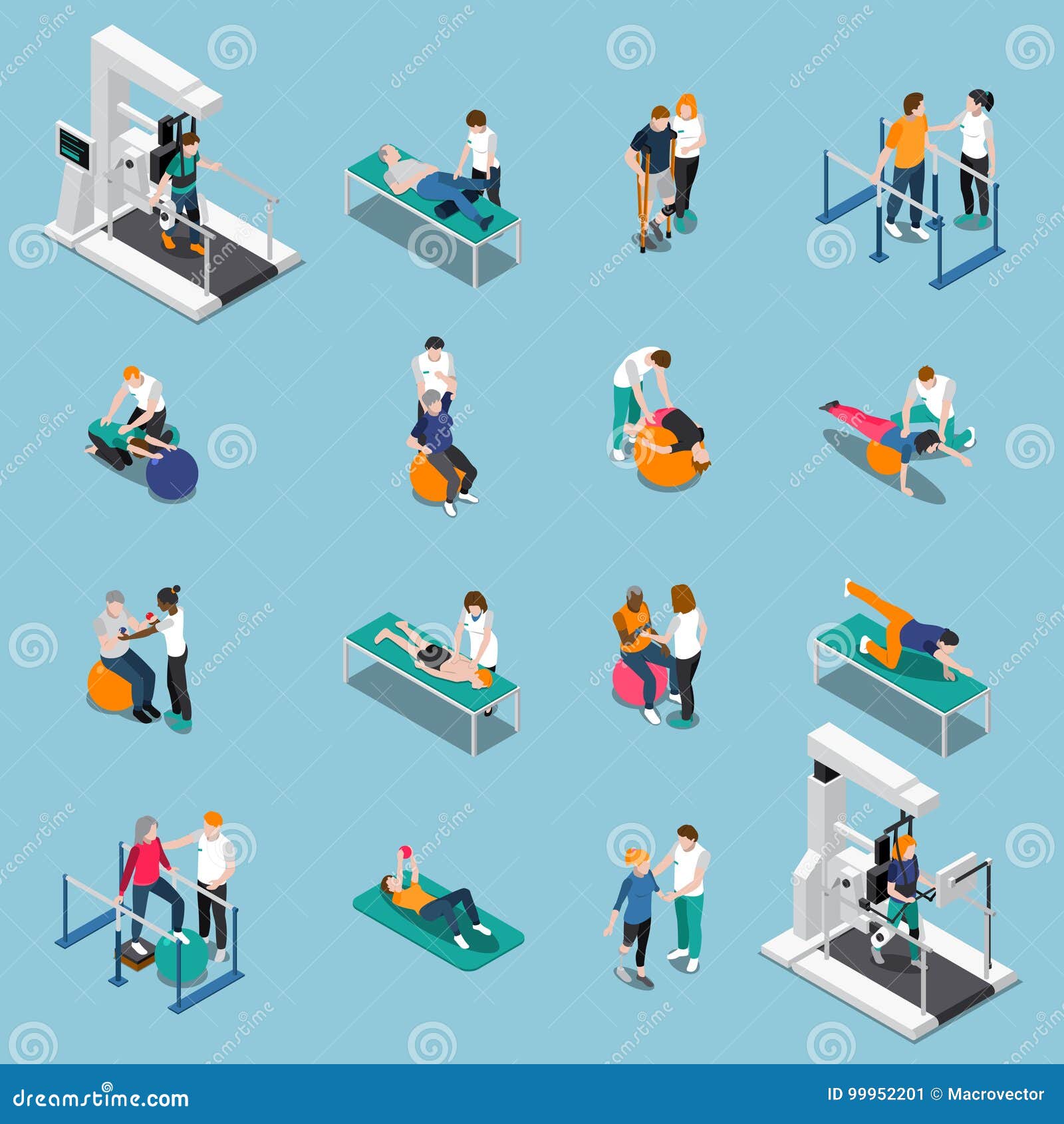 Physiotherapy Rehabilitation Isometric People Icon Set Stock Vector