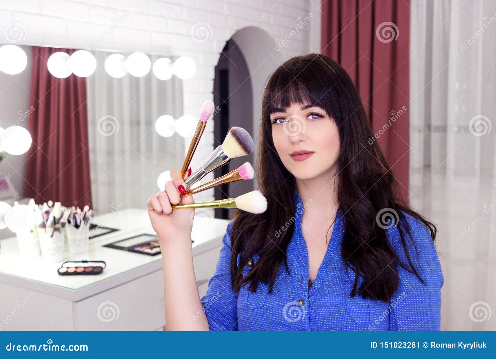Beauty Woman With Makeup Brushes Natural Make Up For Blonde Model Girl