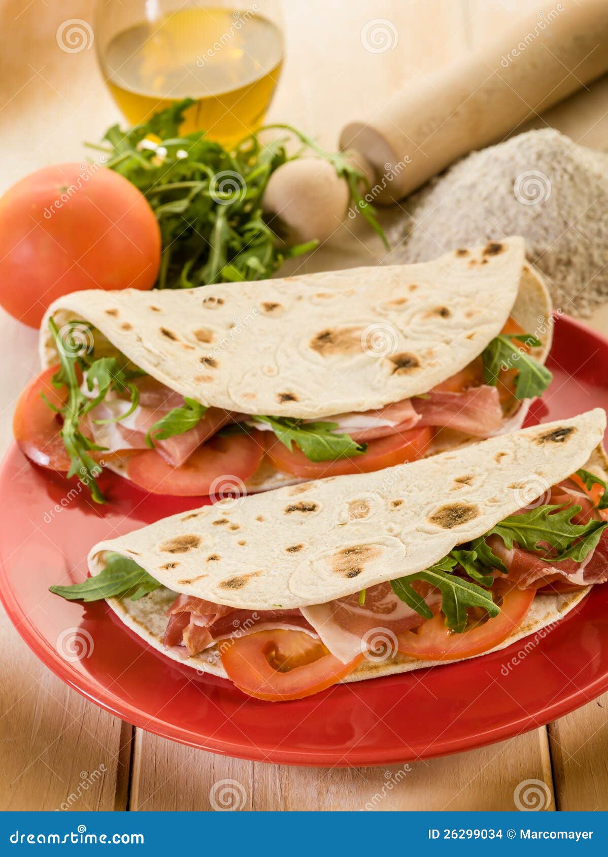 Piadina with Ham and Arugula Stock Photo - Image of parma, food: 26299034