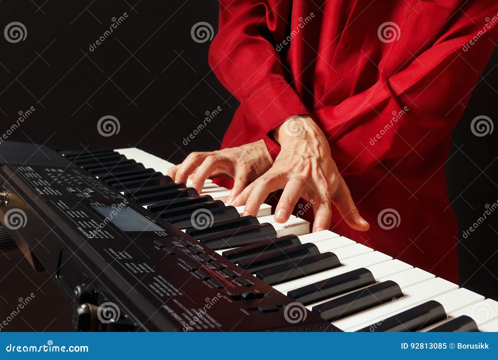 Pianist Play the Keys of the Synthesizer on Black Background Stock ...