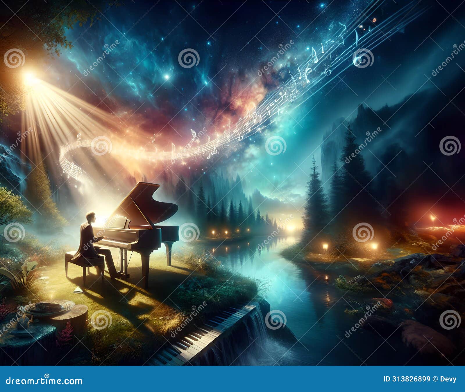 Pianist Playing the Piano in a Night Landscape Stock Illustration ...