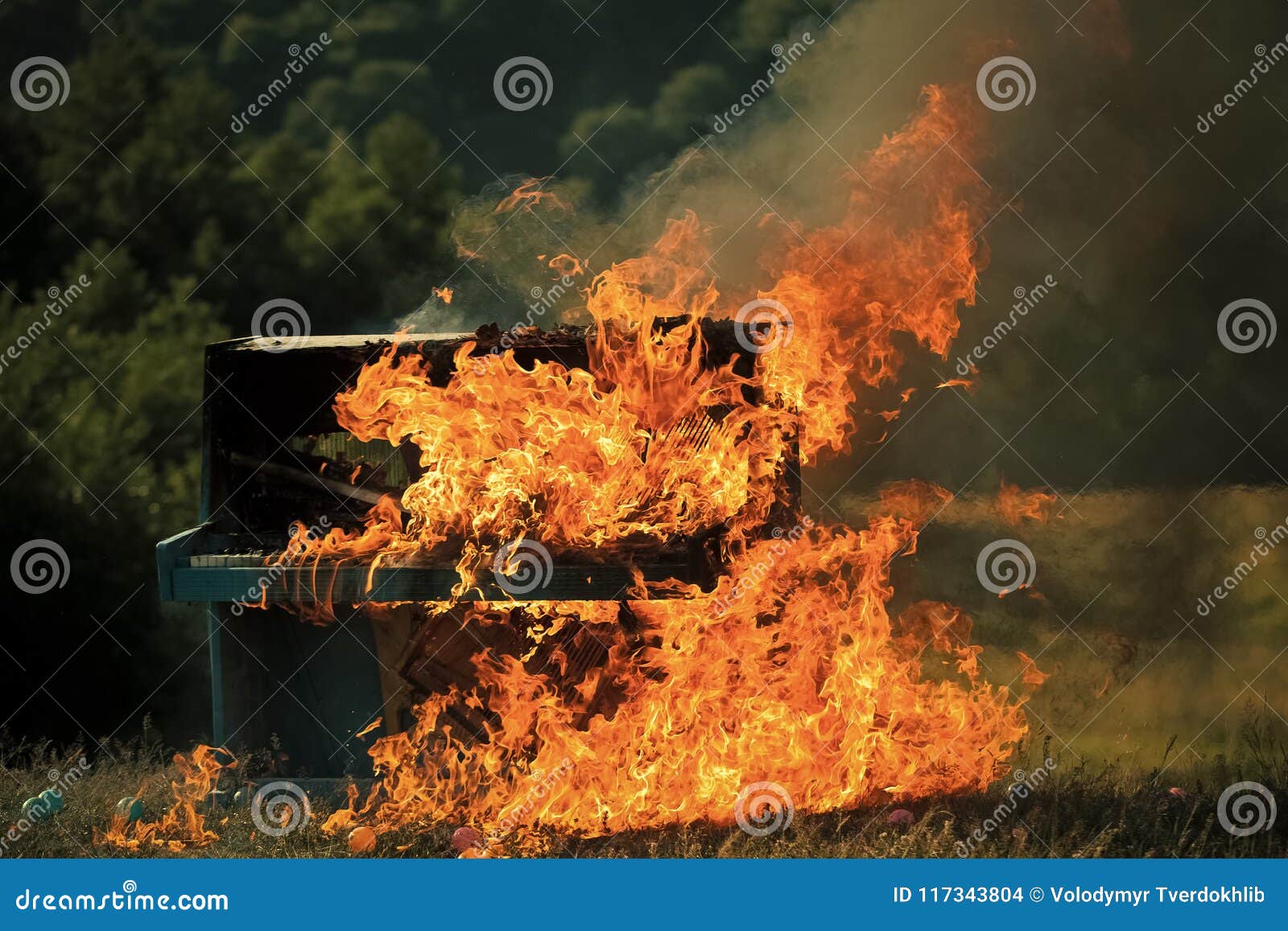 Piano destruction, fire stock photo. Image of background - 117343804