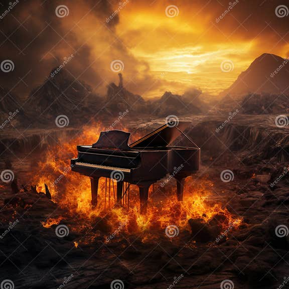 Piano on fire on a volcano stock illustration. Illustration of musical ...