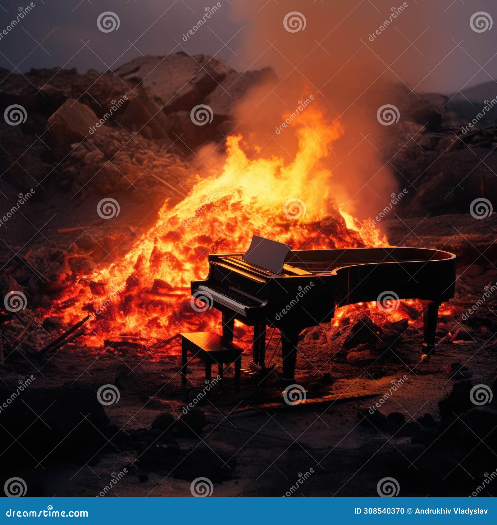 Piano on fire on a volcano stock illustration. Illustration of intense ...