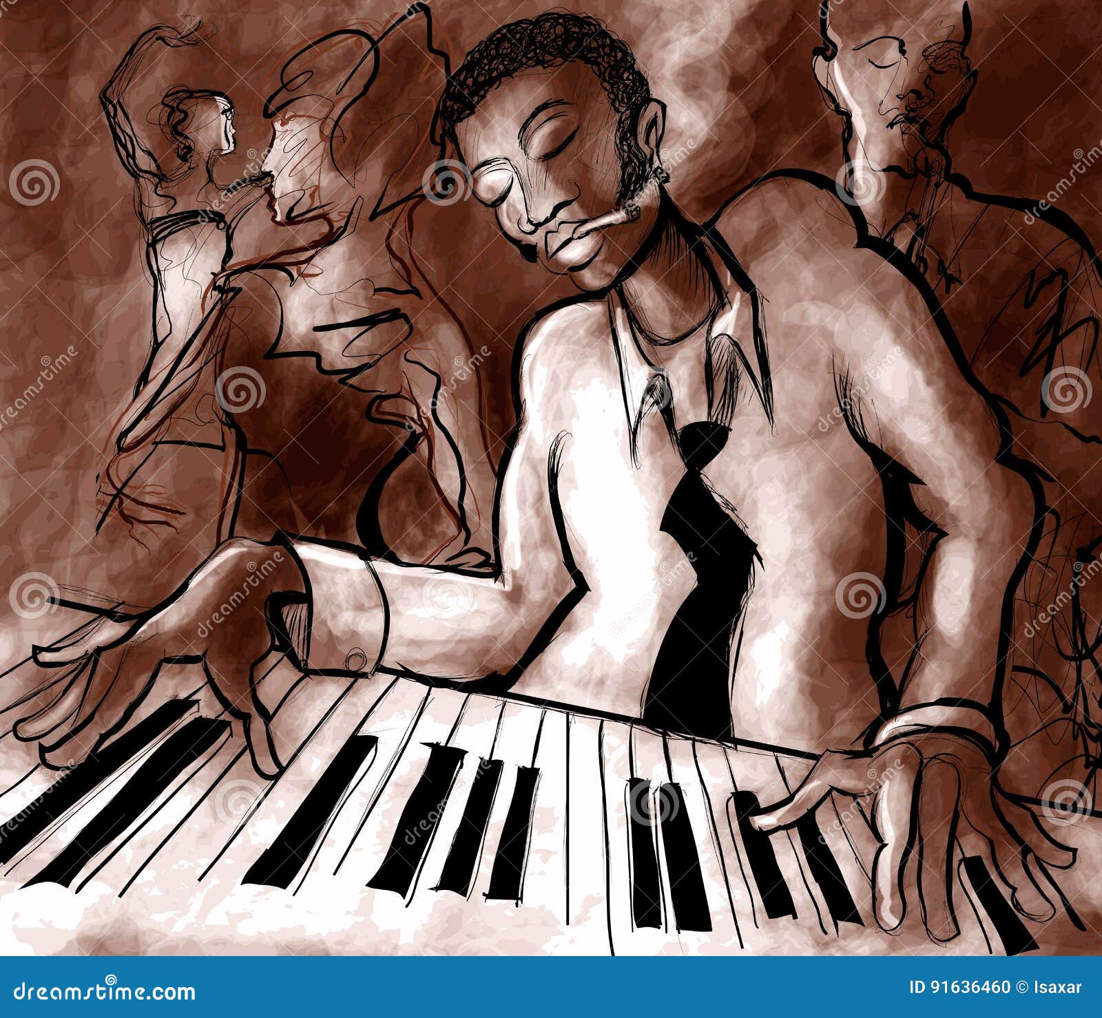 Jazz Singer With Saxophonist And Double-bass Player Vector Illustration ...