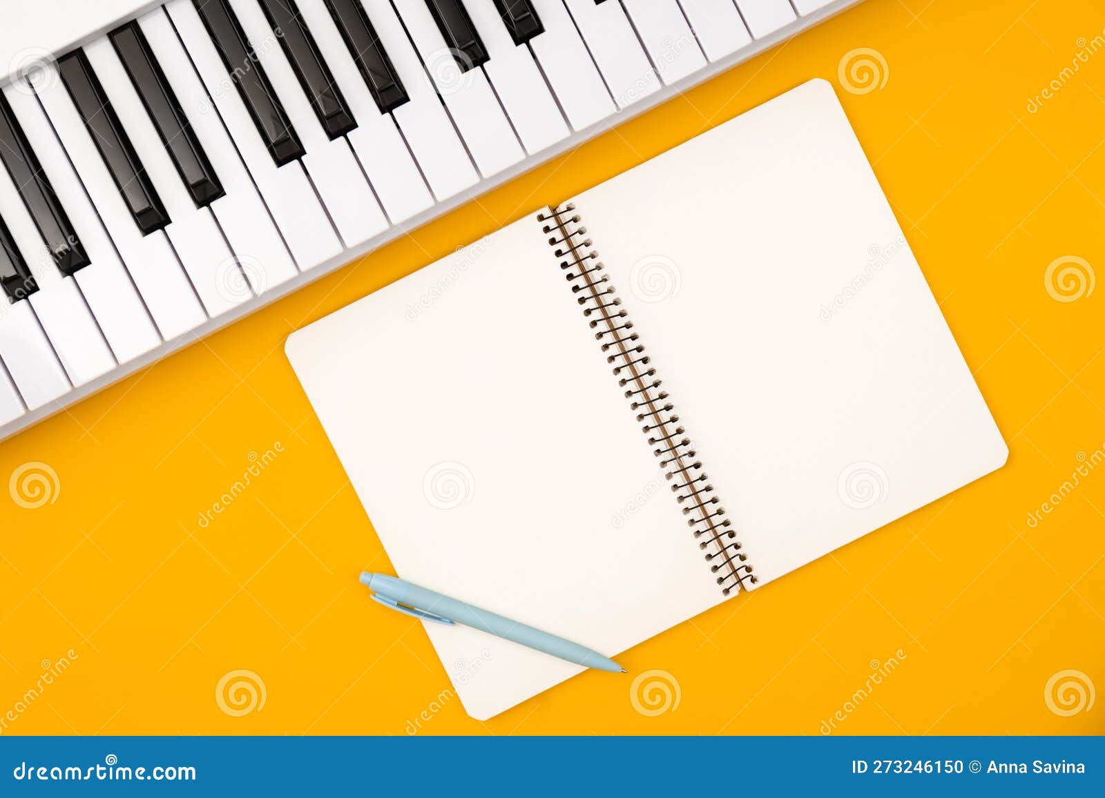 Piano and Notebook on Orange Background, Flat Lay, Copy Space. Stock ...