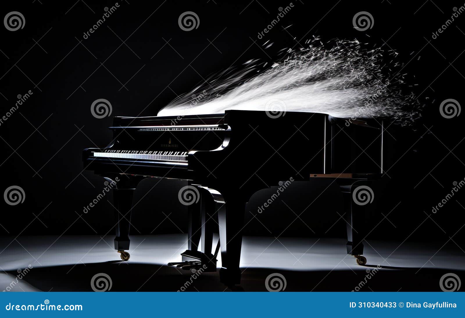 Piano with Notes Exploding from a Strike, on a Dark Stage. Music ...