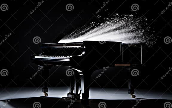 Piano with Notes Exploding from a Strike, on a Dark Stage. Music ...