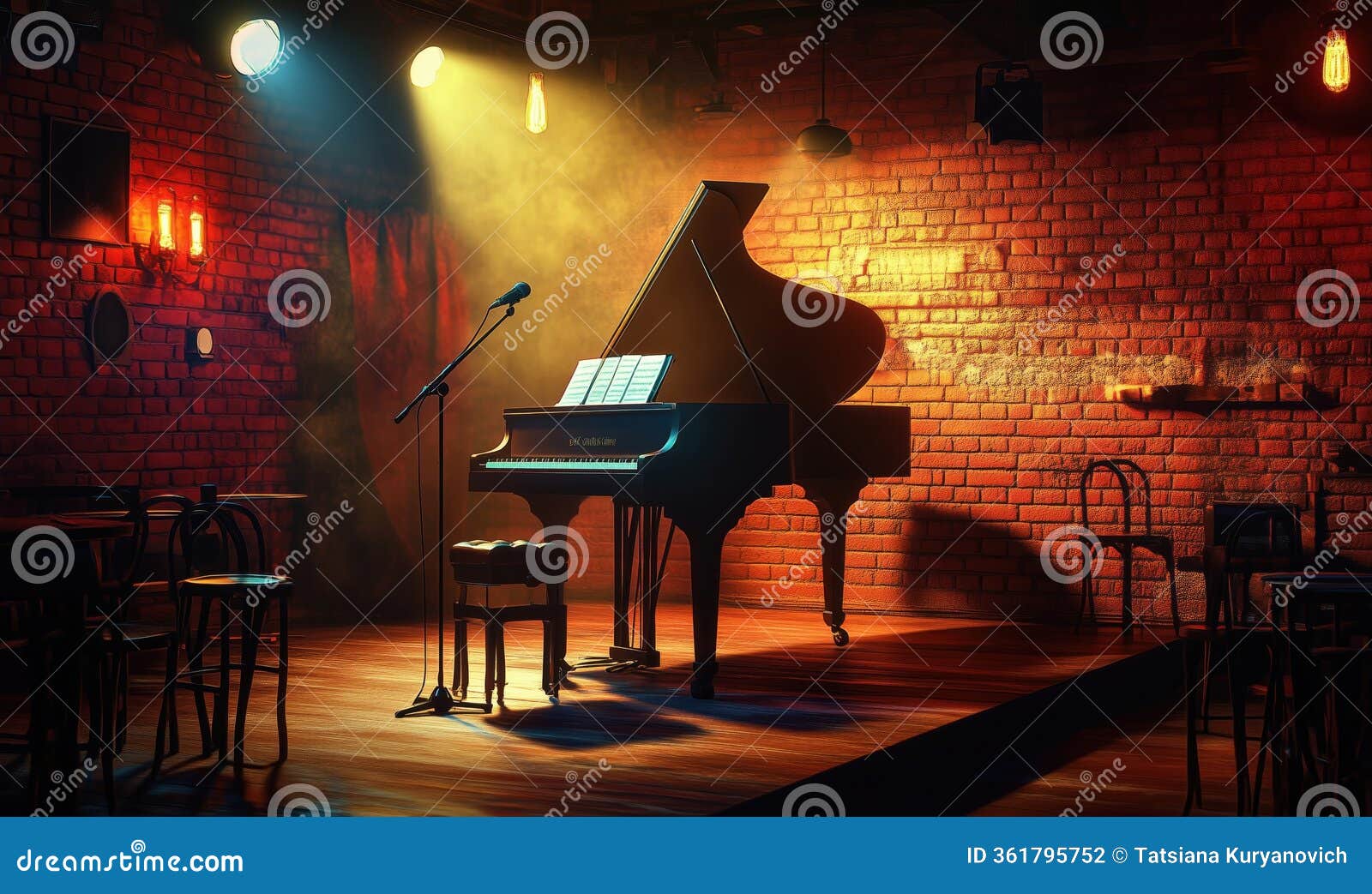 Piano Stage Setup in Intimate Jazz Club with Warm Lighting and ...