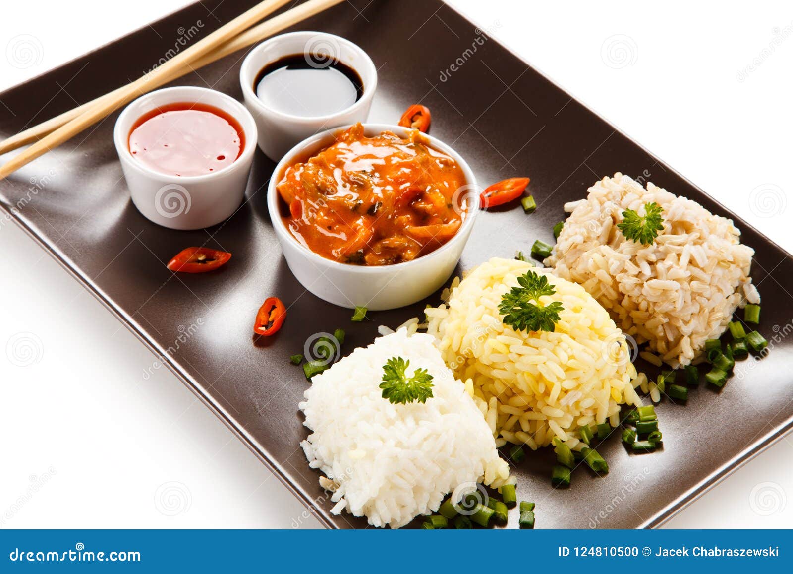 Piatto Del Riso Con Le Varie Salse Fotografia Stock - Immagine di riso ...