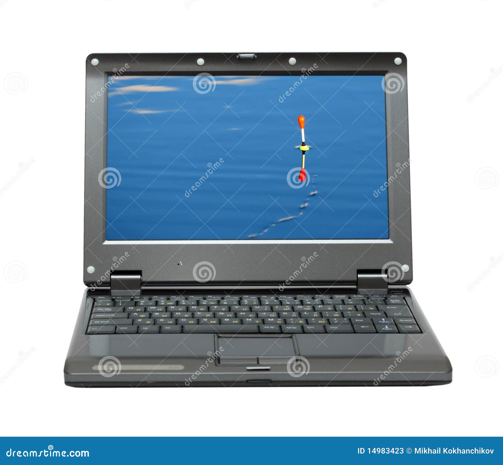 Piccolo Computer Portatile Con I Temi Di Pesca Immagine Stock ...