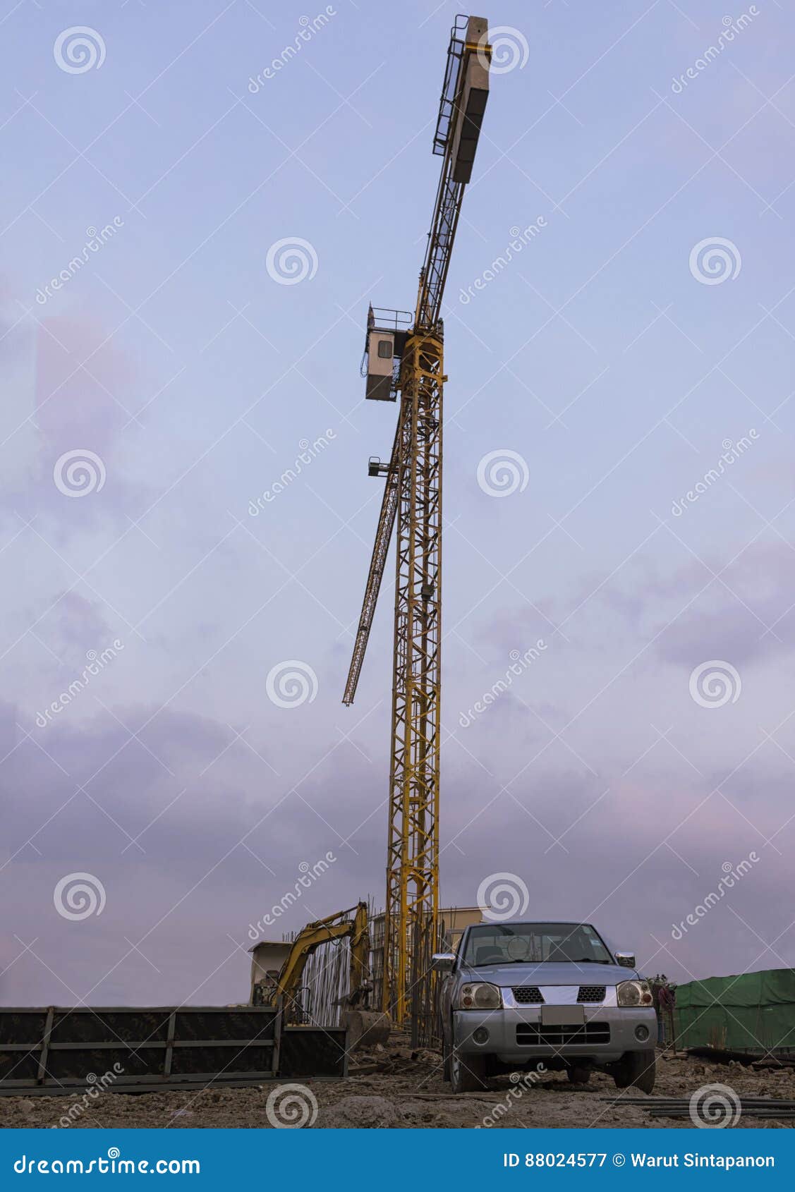 A Pick Up Truck and Crane in Construction Site Stock Image - Image of ...