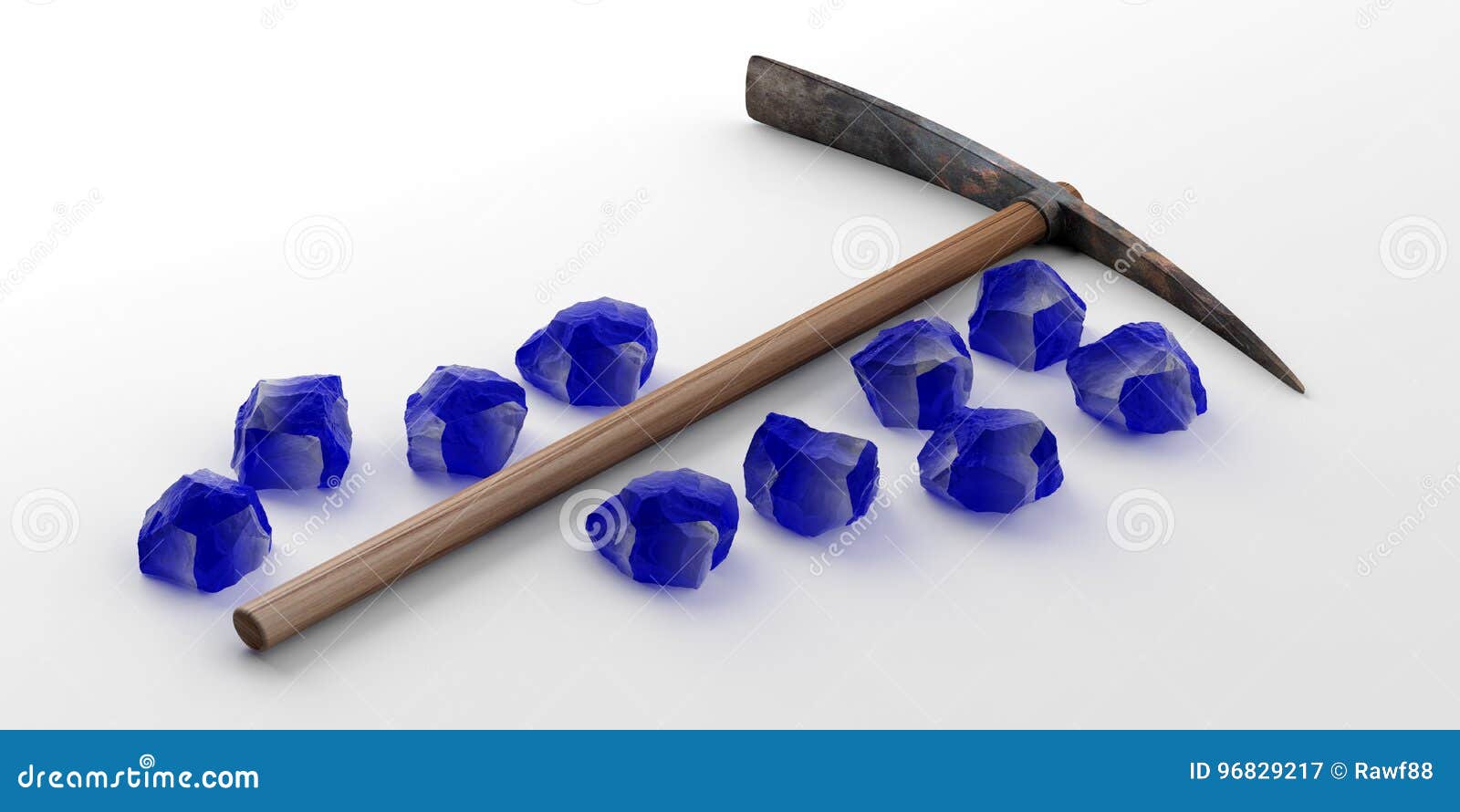 Pickaxe and Blue Stones on White Background. 3d Illustration Stock ...