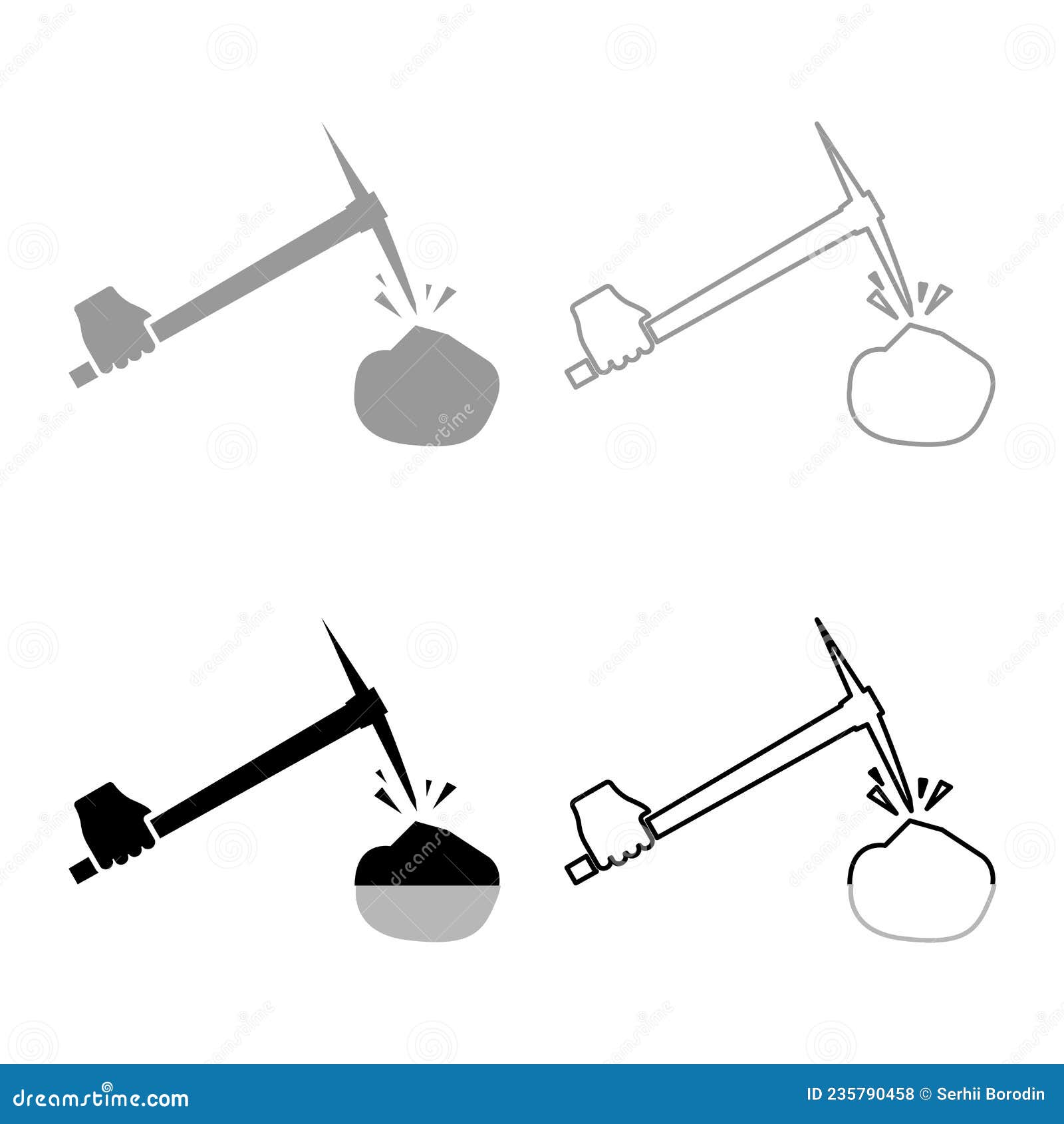 Pickaxe Hit Stone in Hand Set Icon Grey Black Color Vector Illustration ...