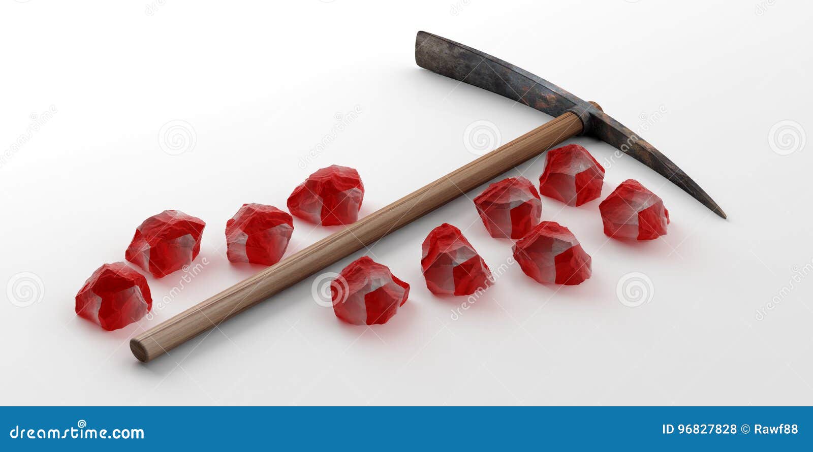 Pickaxe and Red Stones on White Background. 3d Illustration Stock ...