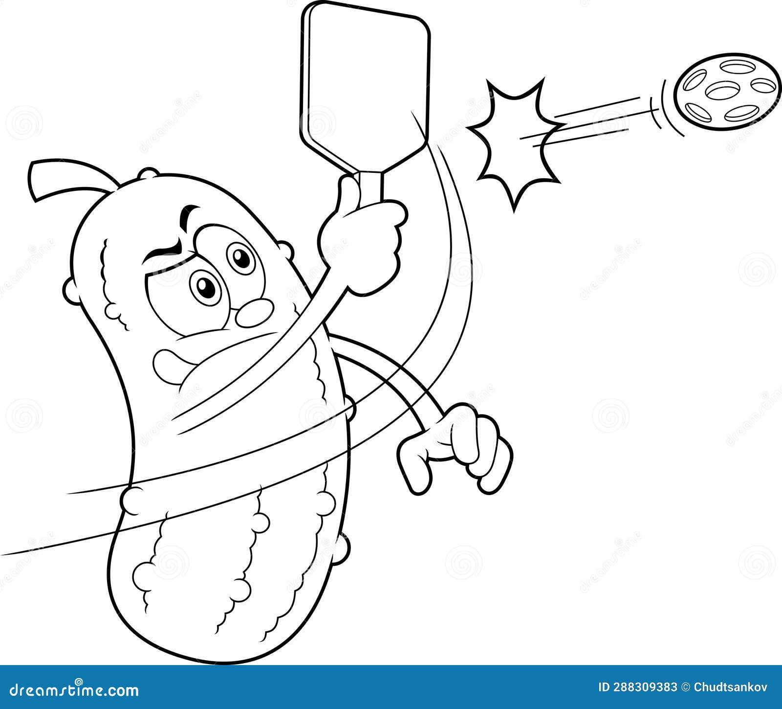 Outlined Funny Pickle Cartoon Character Hits a Pickleball Shot Stock ...