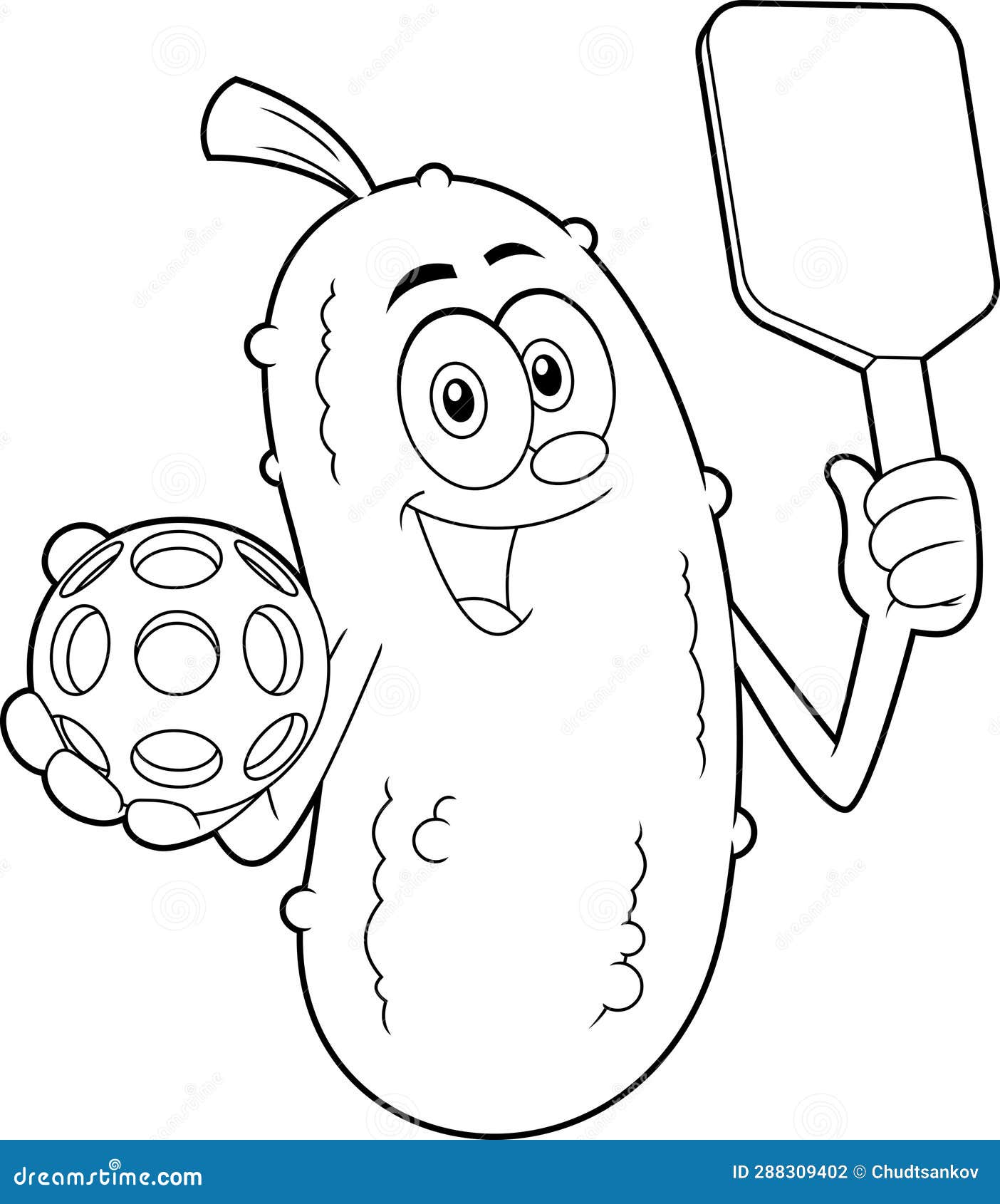 Outlined Smiling Pickle Cartoon Character Holding a Pickleball Ball and ...