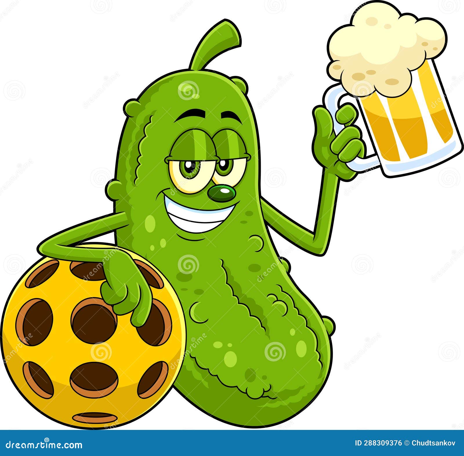 Funny Pickle Cartoon Character with Pickleball Ball Holding a Glass of ...