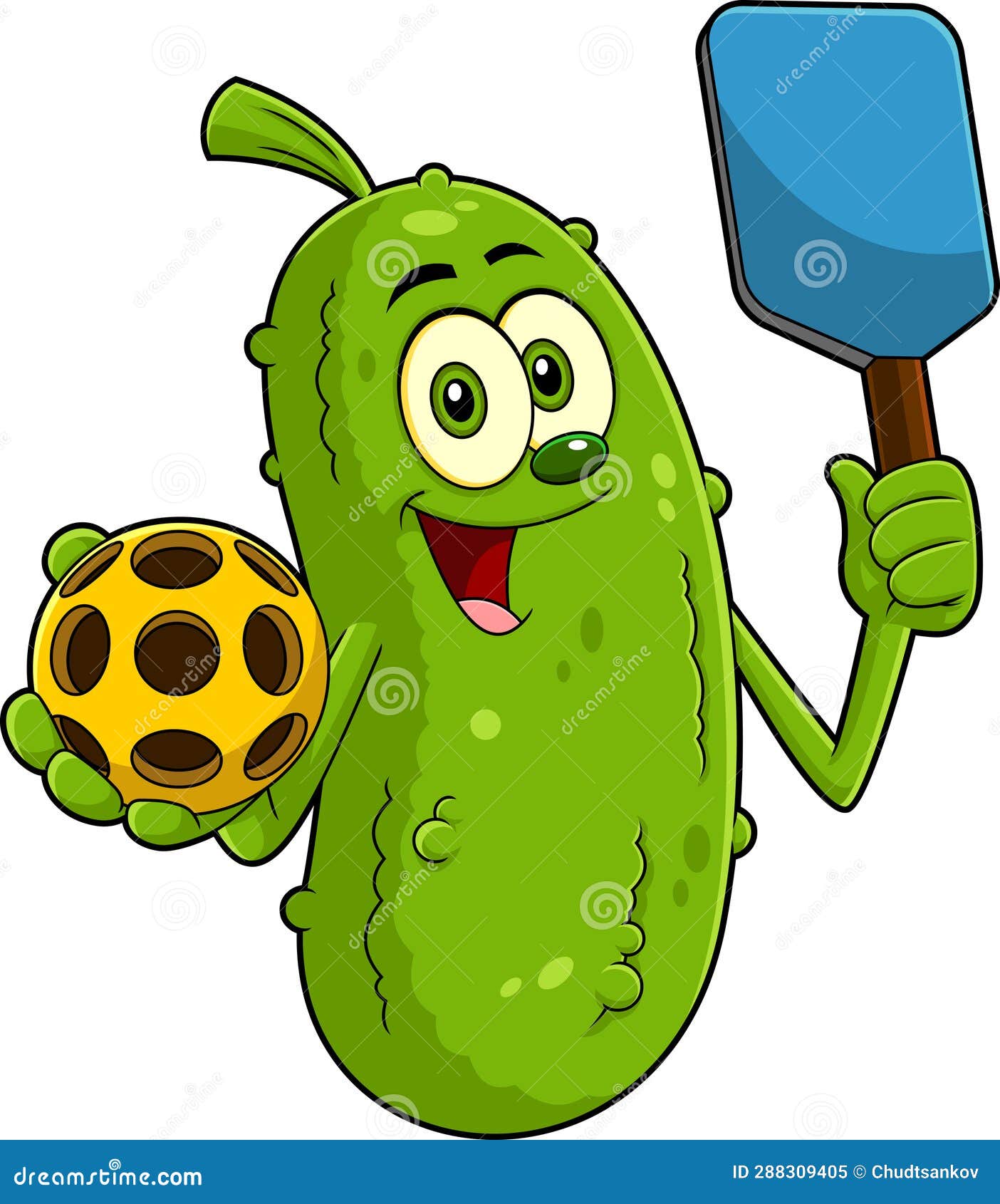 Smiling Pickle Cartoon Character Holding a Pickleball Ball and Paddle ...