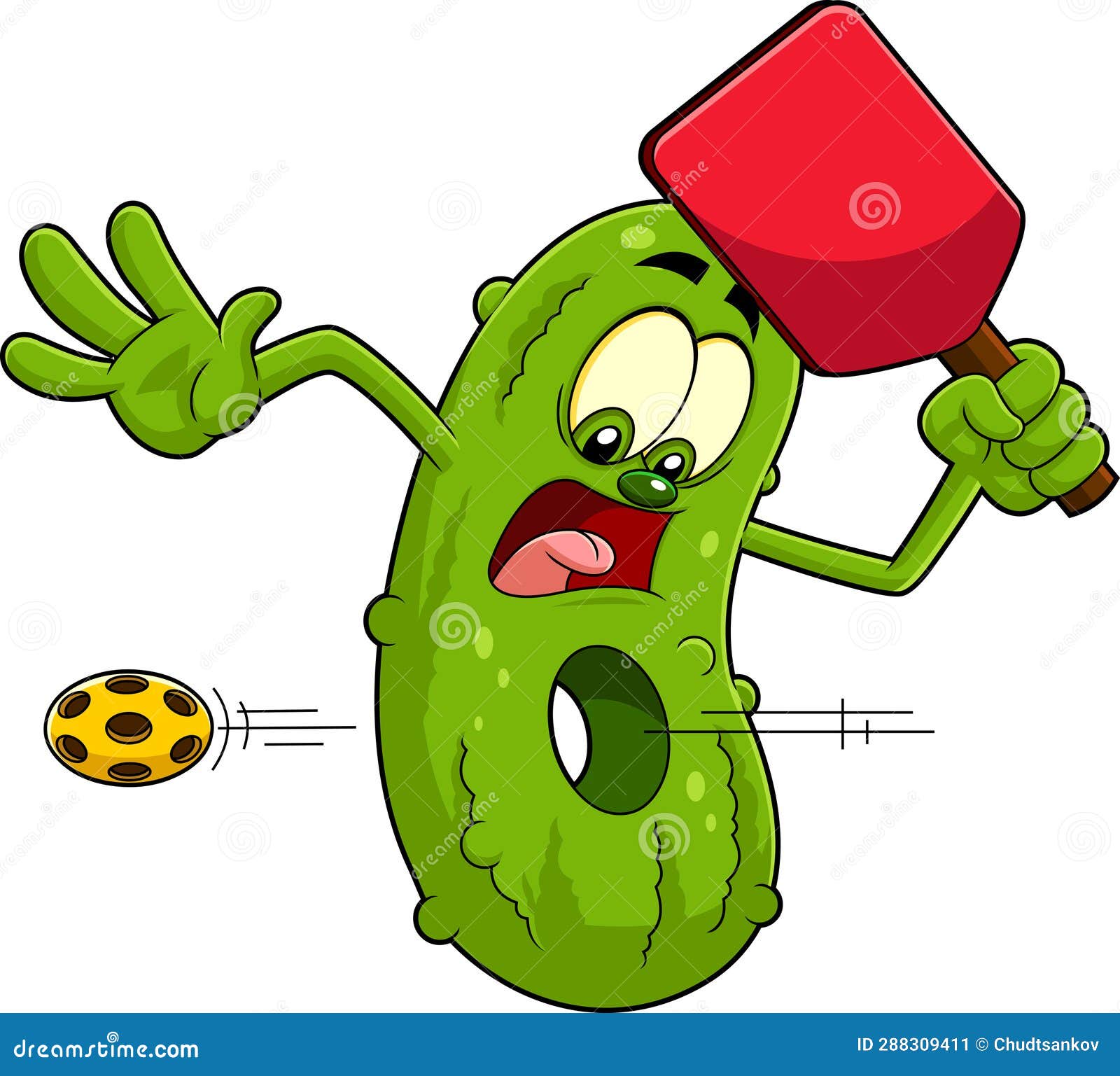 Pickle Cartoon Character with a Hole in His Body from a Pickleball Ball ...