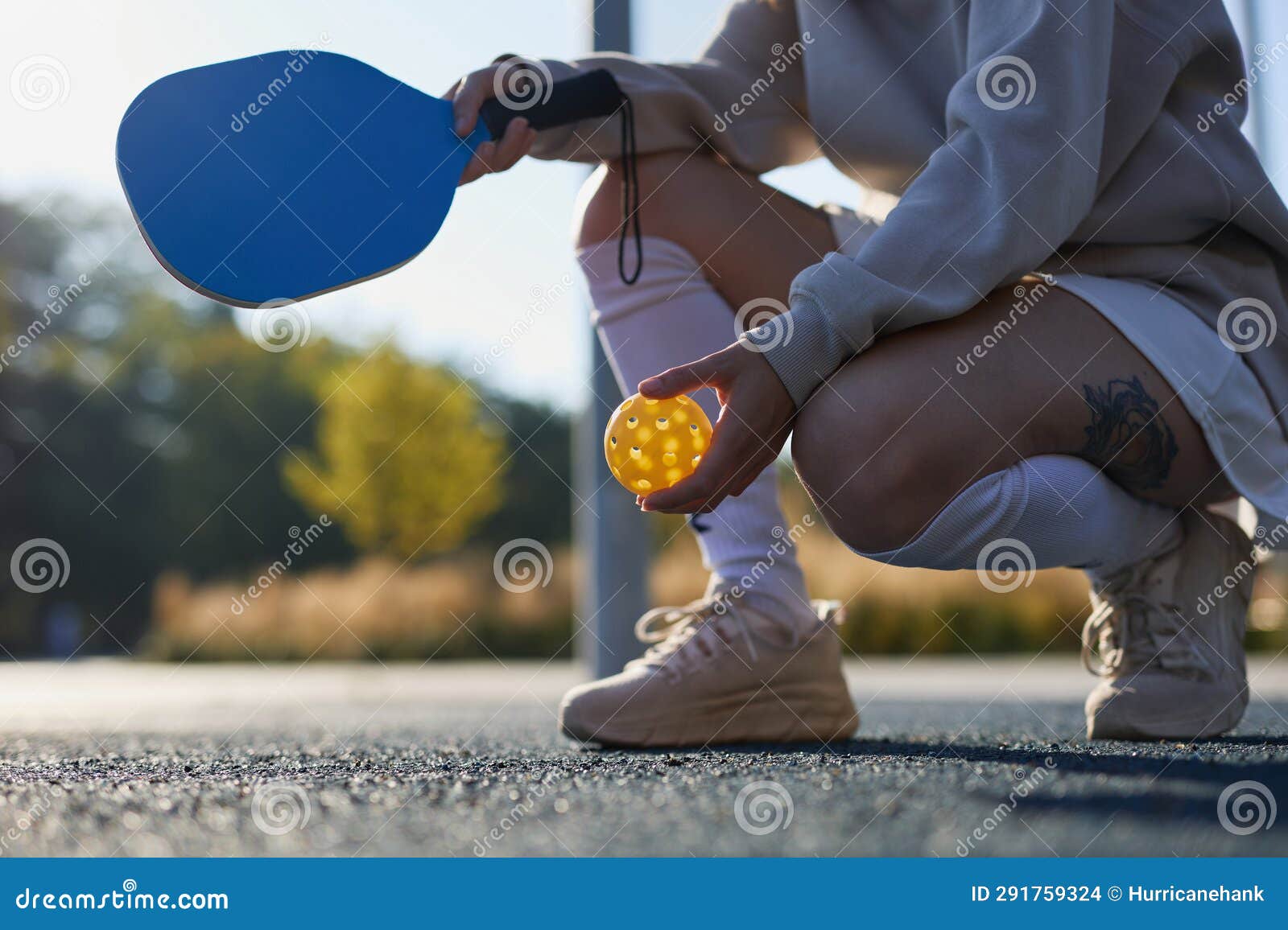 Pickle Ball Player Holding a Racket and Plastic Perforated Ball Stock ...