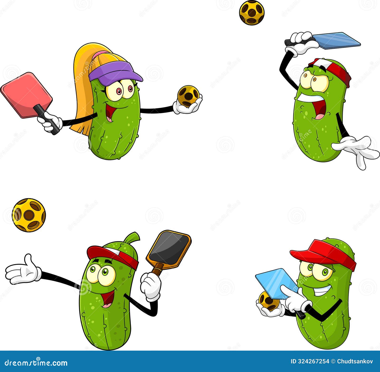 Pickle Cartoon Characters Playing Pickleball. Vector Hand Drawn ...
