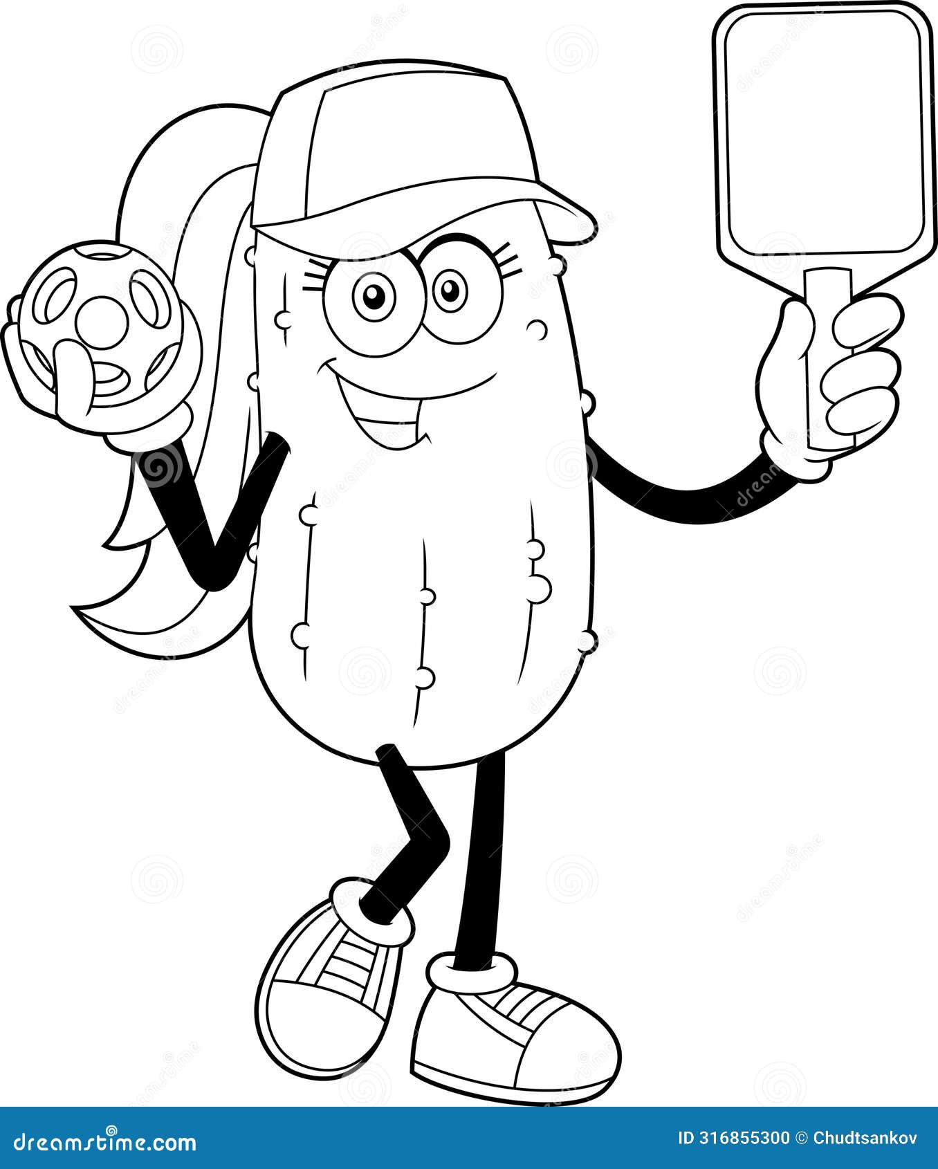 Outlined Cute Pickle Girl Cartoon Character Present Pickleball Sport ...