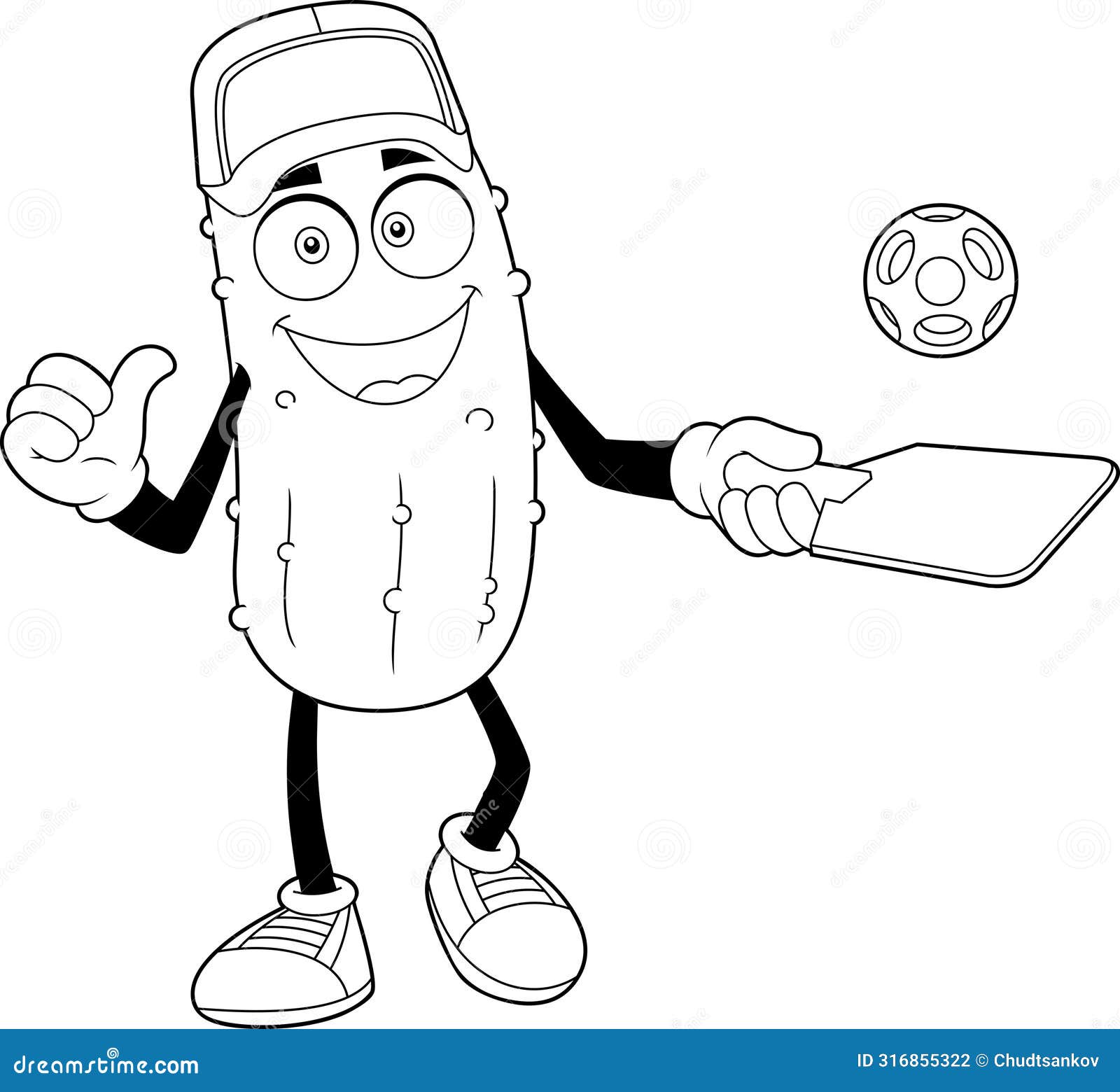 Outlined Funny Pickle Cartoon Character Present Pickleball Sport Stock ...