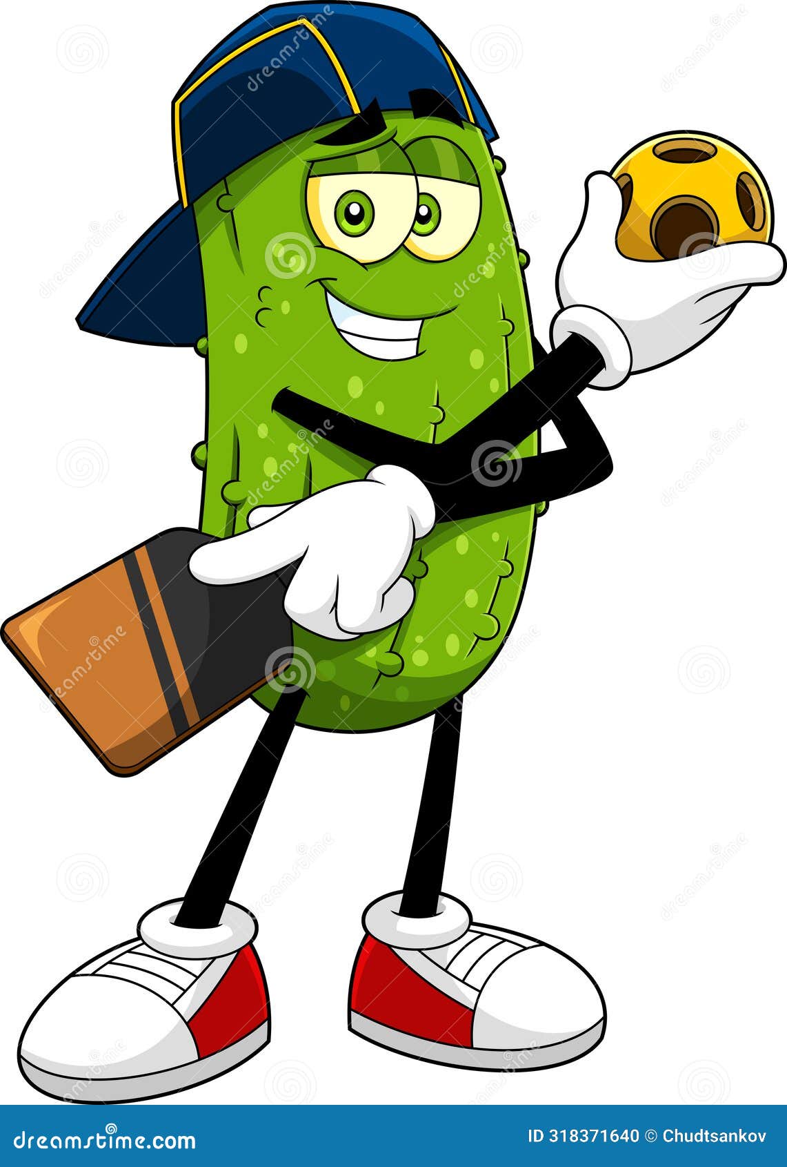 Funny Pickle Cartoon Character with Pickleball Ball and Paddle Racket ...