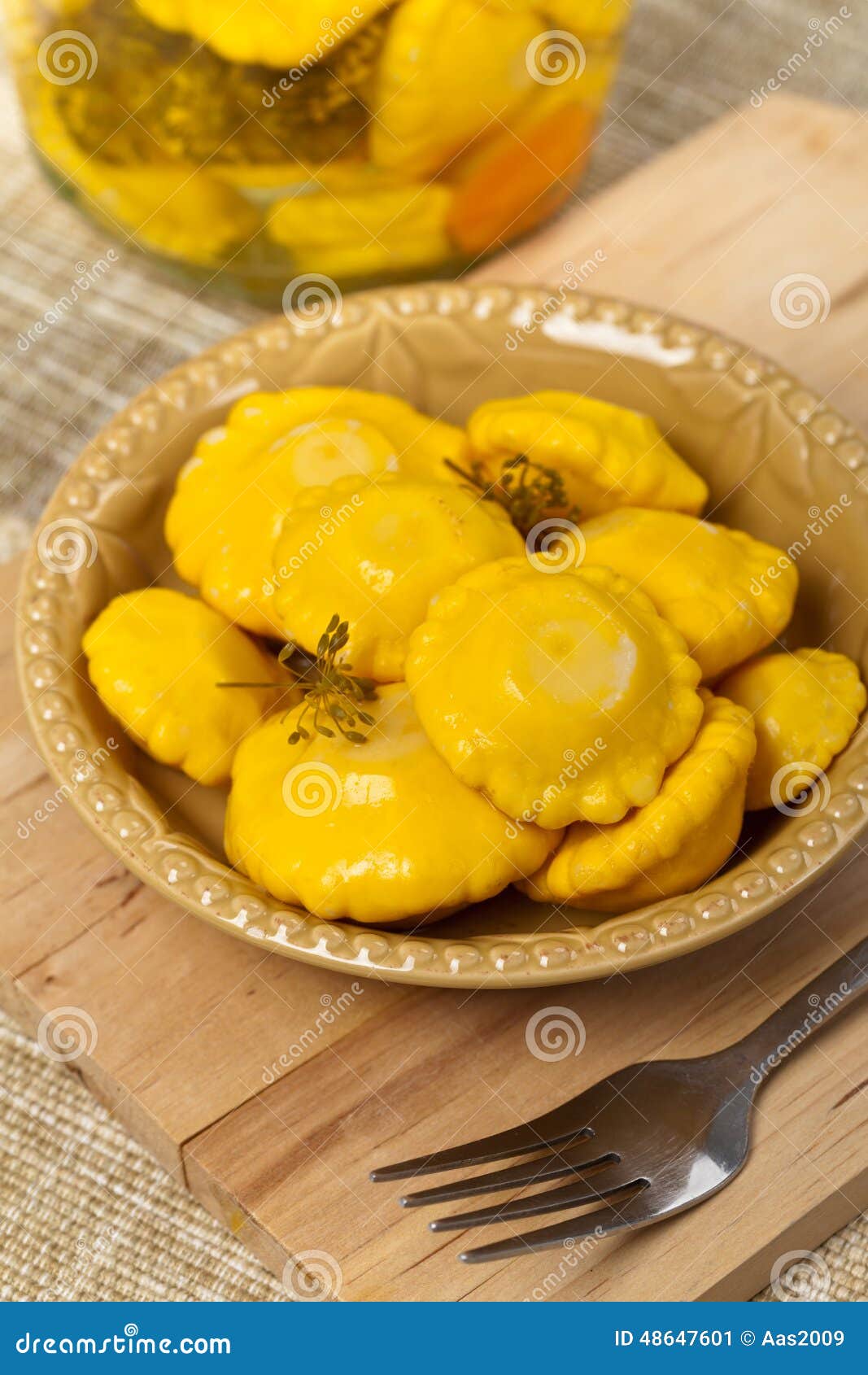 Pickled Yellow Pattypan Squash Stock Image - Image of background, glass ...